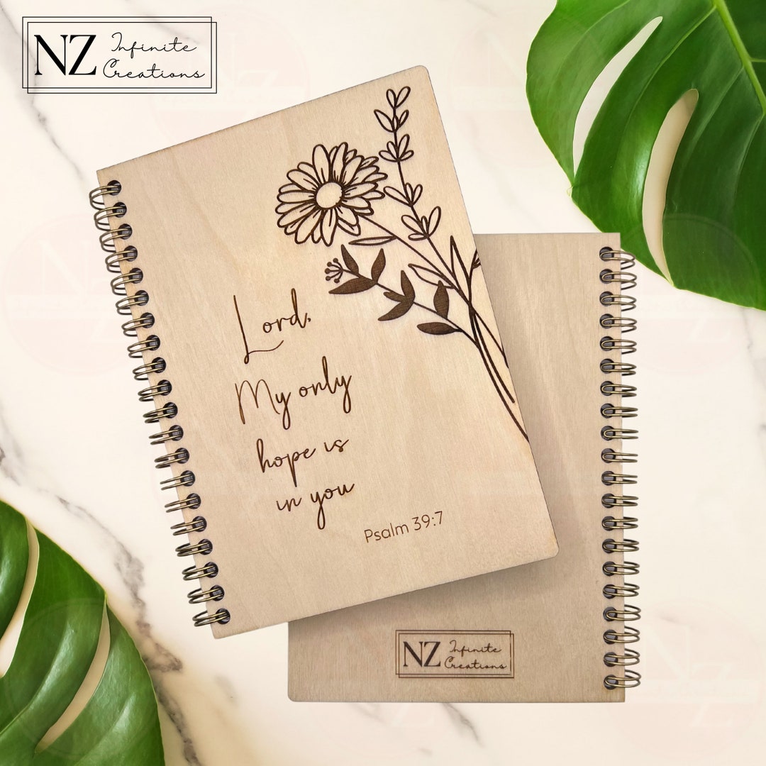Scripture Engraved Wood Spiral Notebook - Psalm 39 7 Christian Journal ...