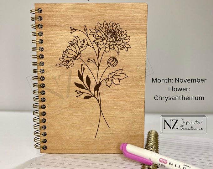 Wooden Laser Engraved Birth Flower Notebook-personalized Journal With ...