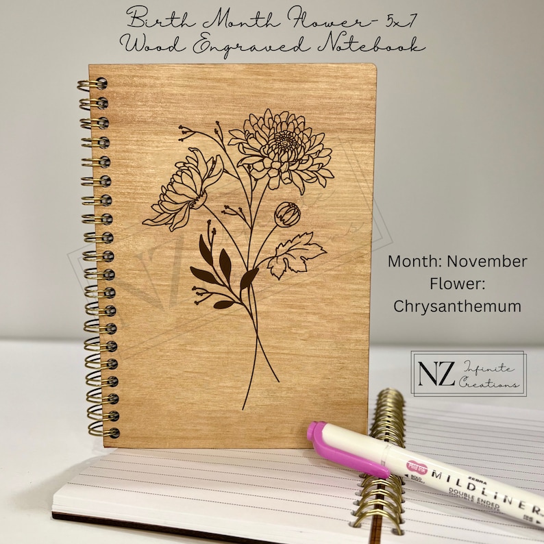 Wooden Laser Engraved Birth Flower Notebook - Personalized Journal With ...