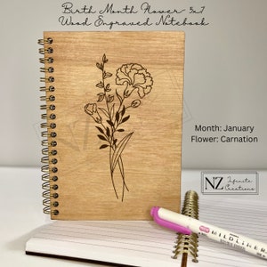 Wooden Laser Engraved Birth Flower Notebook - Personalized Journal With ...