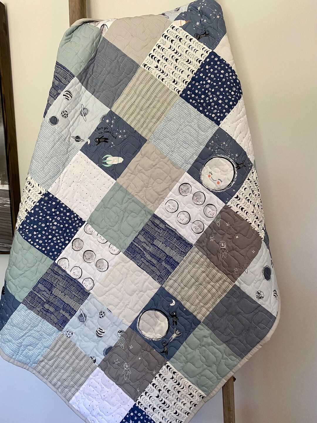 Love You to the Moon Blue and Gray Baby Quilt With Minky Back - Etsy