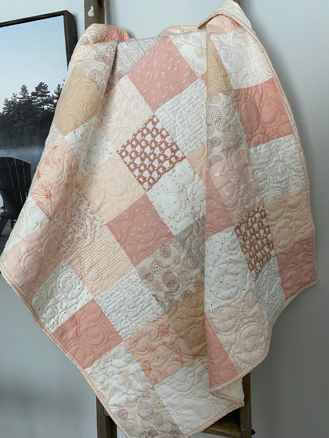 Pink White and Tan Baby Girl Quilt Minky Back - Etsy