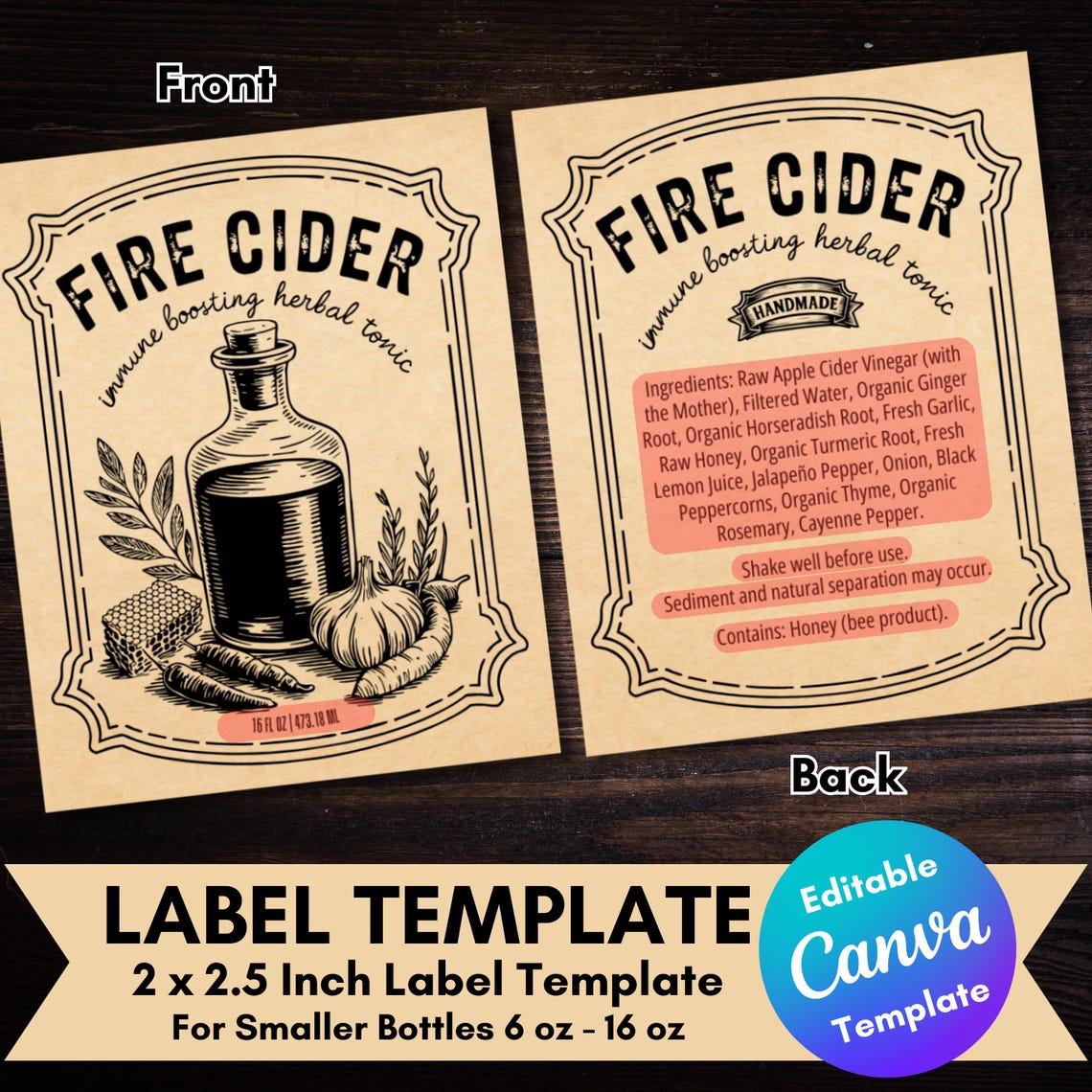 Fire Cider Label Template, Front & Back, 2 X 2.5 Inch Editable Canva ...