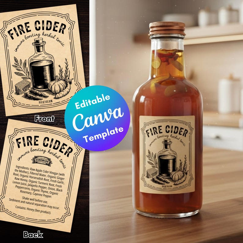 Fire Cider Label Template, Front & Back, 2 X 2.5 Inch Editable Canva ...