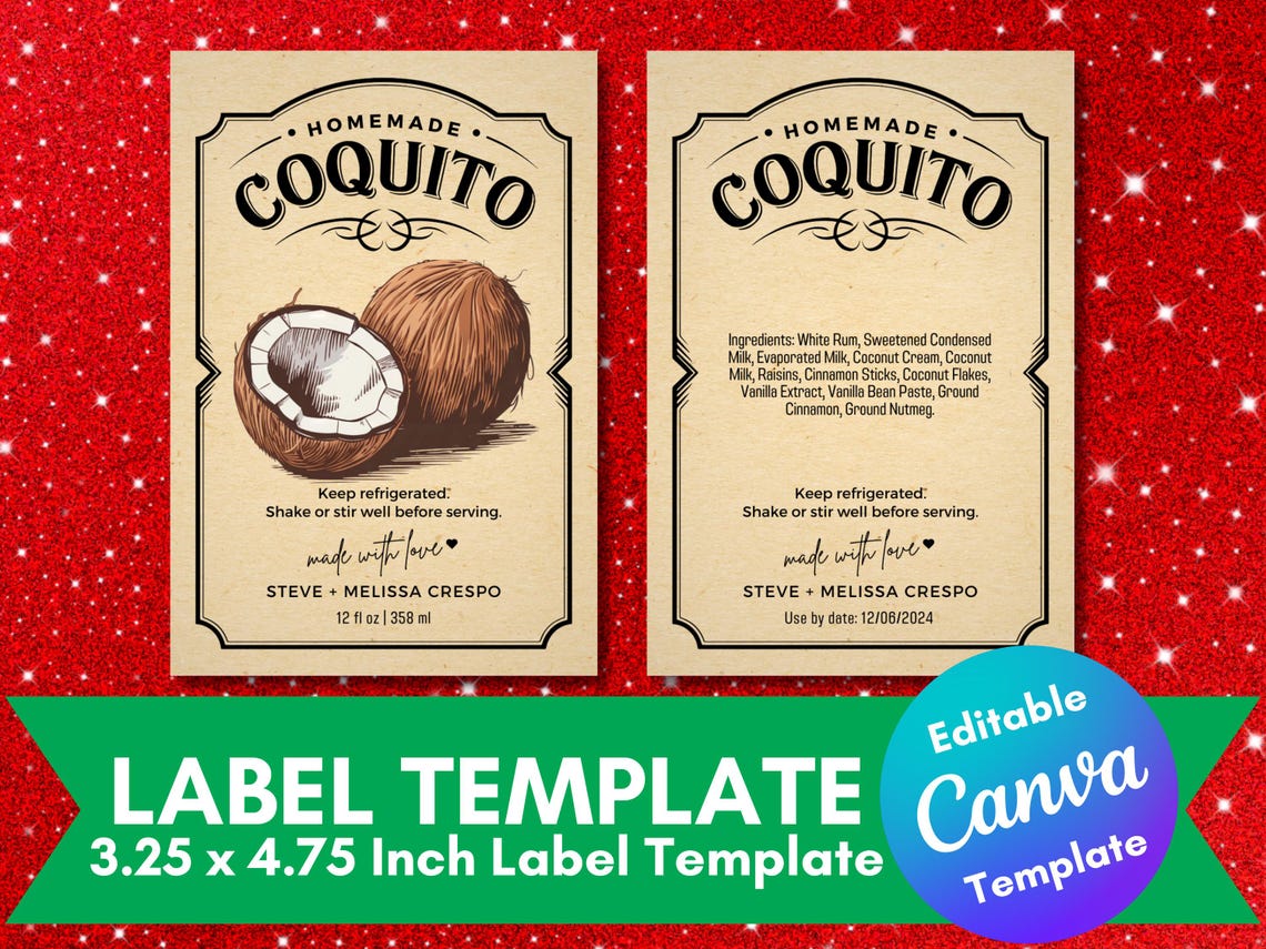 Coquito Bottle Label Template Customizable in Canva, Coquito Labels ...