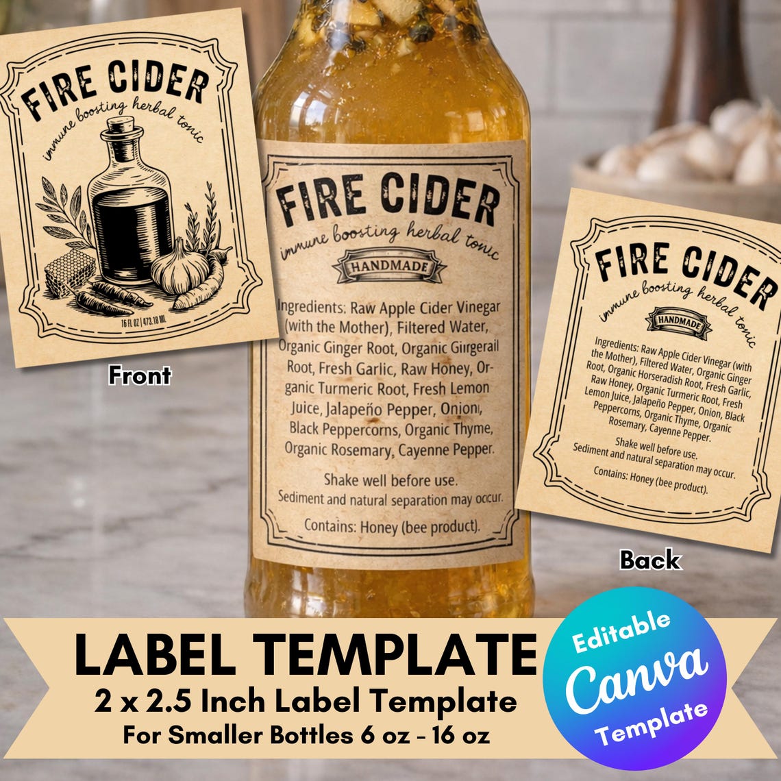 Fire Cider Label Template, Front & Back, 2 X 2.5 Inch Editable Canva ...
