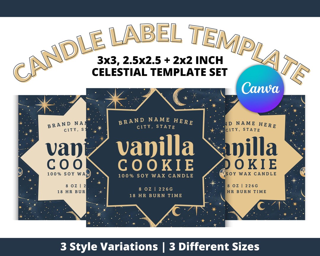 Candle Label Template Set for Canva, Editable Celestial Design, 3 Sizes ...