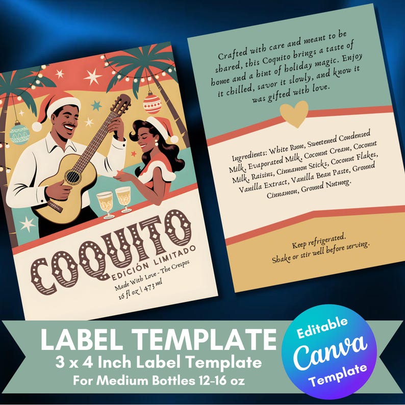 Retro Coquito Label Template | Printable Canva Label | Holiday Bottle ...