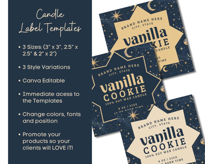 Candle Label Template Set for Canva, Editable Celestial Design, 3 Sizes ...