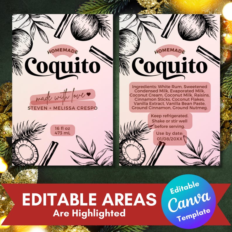 Coquito Label Template 2x3, Editable Canva Coquito Labels for Bottles ...