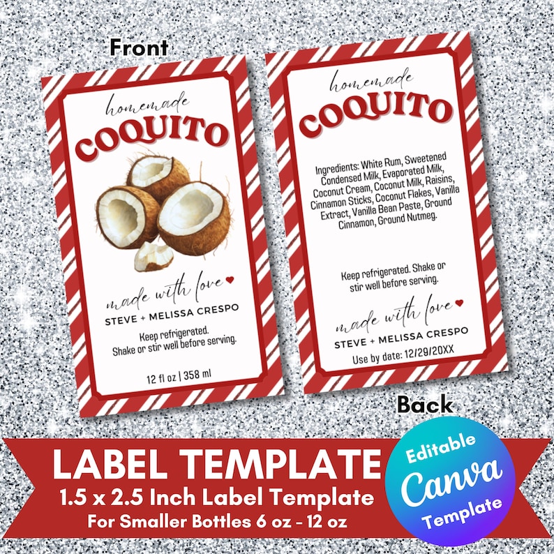 Coquito Label Template for Small Bottles, 1.5 X 2.5 Inch Editable Canva ...
