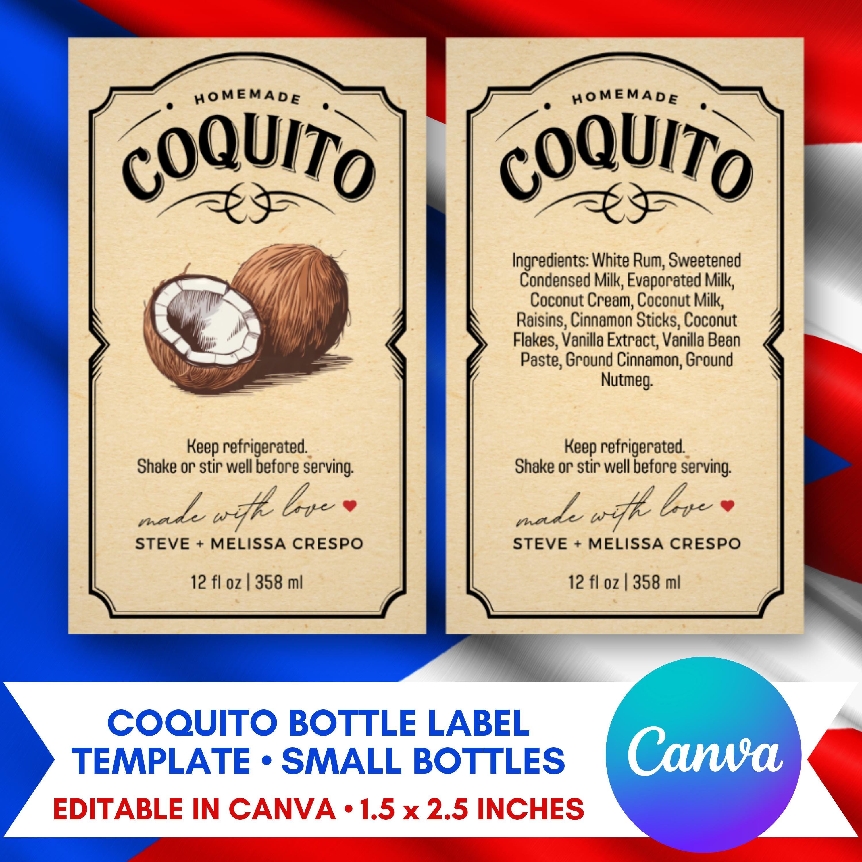 Coquito Bottle Label Template Small Bottles | Editable Canva PDF Front ...