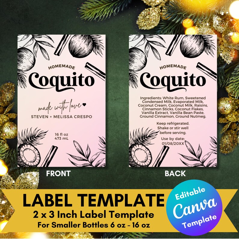 Coquito Label Template 2x3, Editable Canva Coquito Labels for Bottles ...