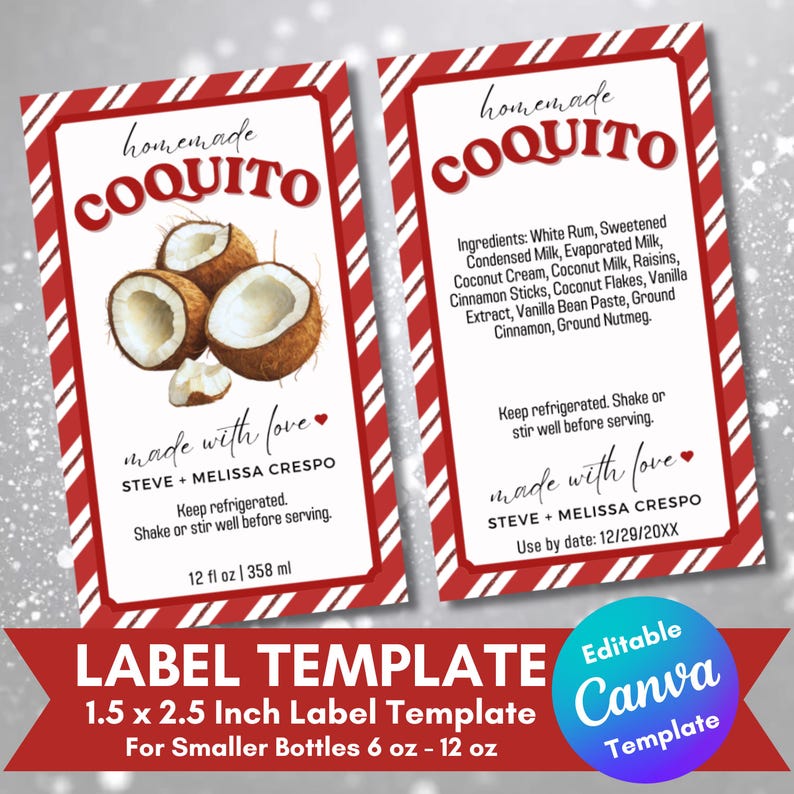 Coquito Label Template for Small Bottles, 1.5 X 2.5 Inch Editable Canva ...