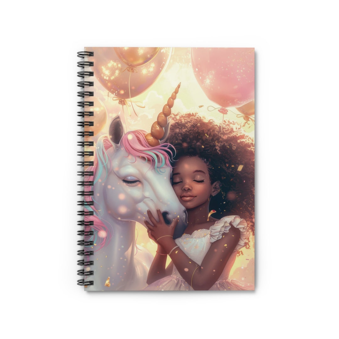 Beautiful Ebony Princess and the Unicorn Ruled Spiral Notebook, Black ...