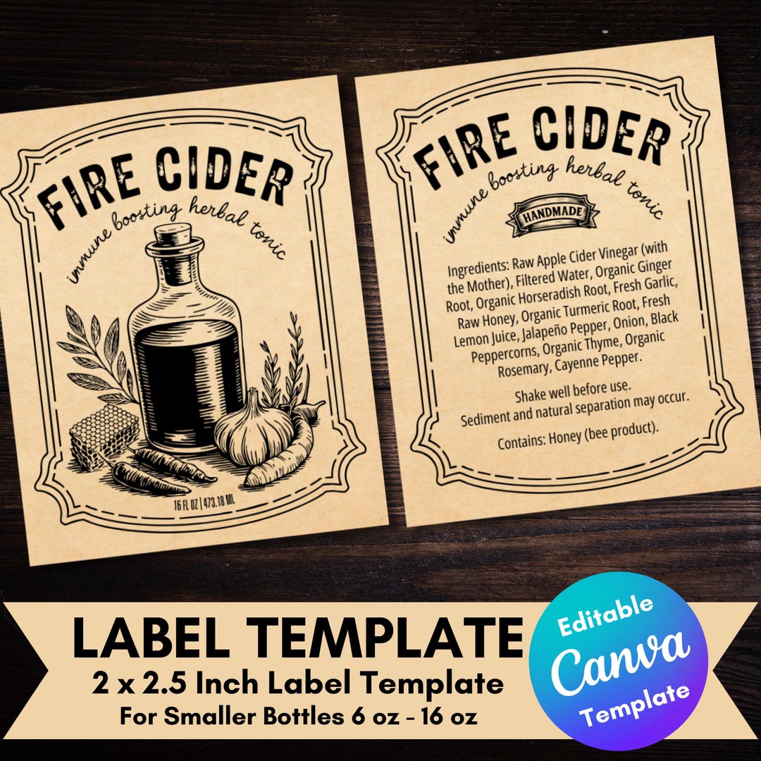 Fire Cider Label Template, Front & Back, 2 X 2.5 Inch Editable Canva ...