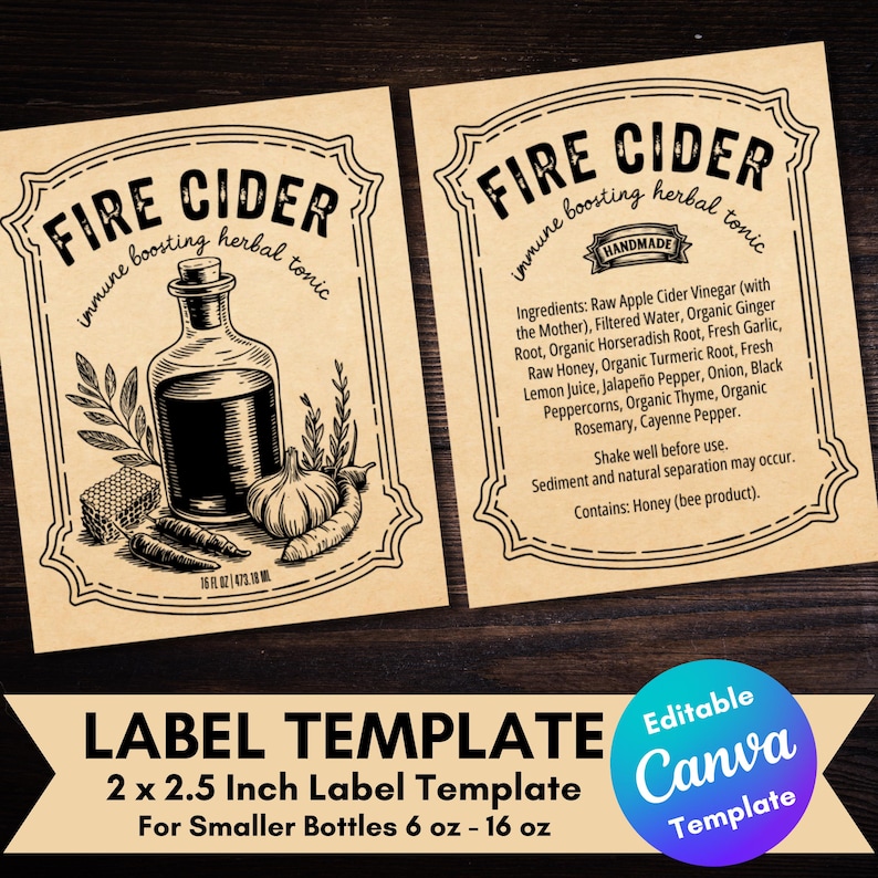 Fire Cider Label Template, Front & Back, 2 X 2.5 Inch Editable Canva ...
