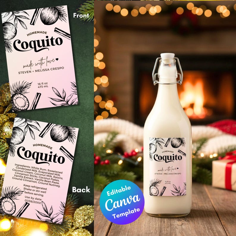 Coquito Label Template 2x3, Editable Canva Coquito Labels for Bottles ...