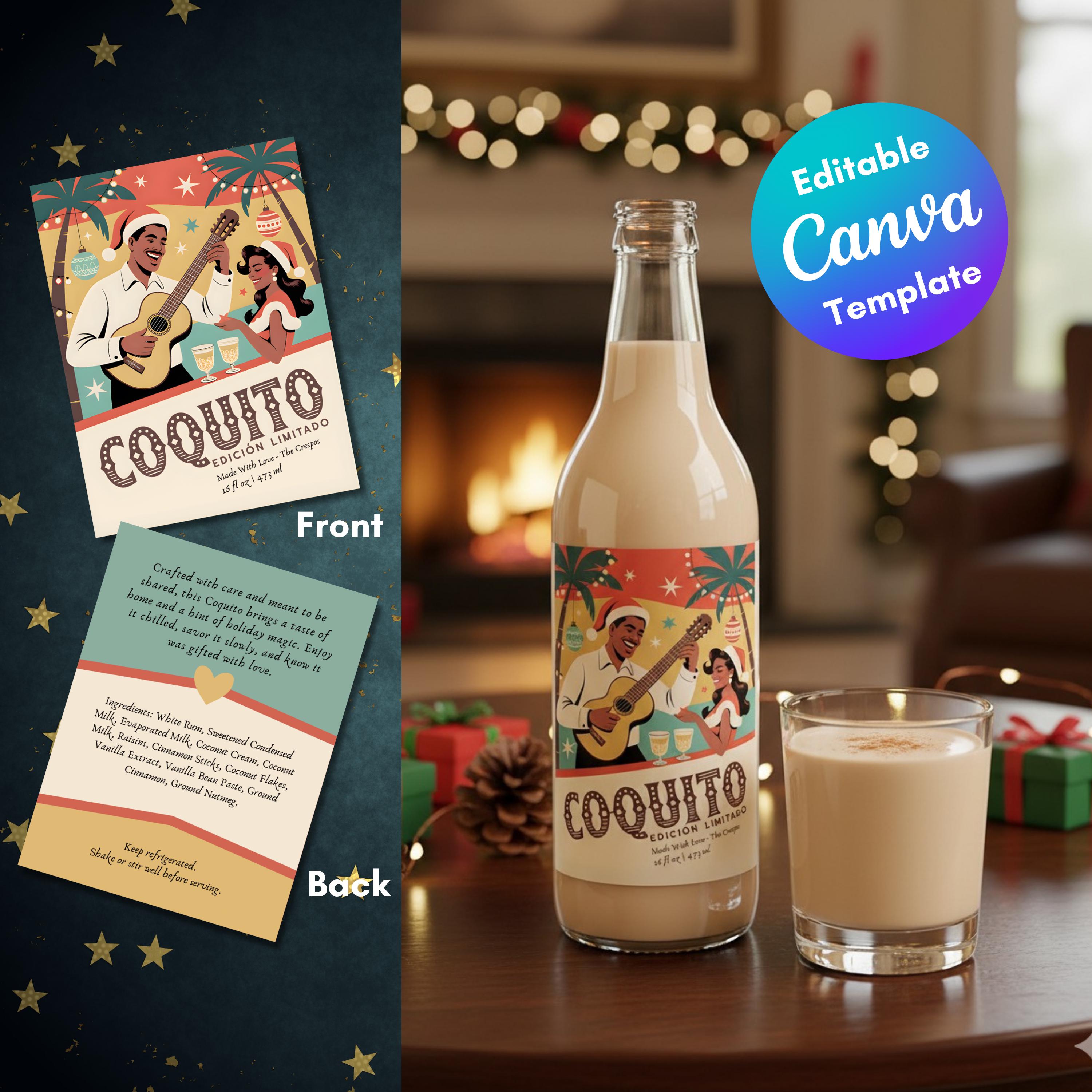 Retro Coquito Label Template | Printable Canva Label | Holiday Bottle ...