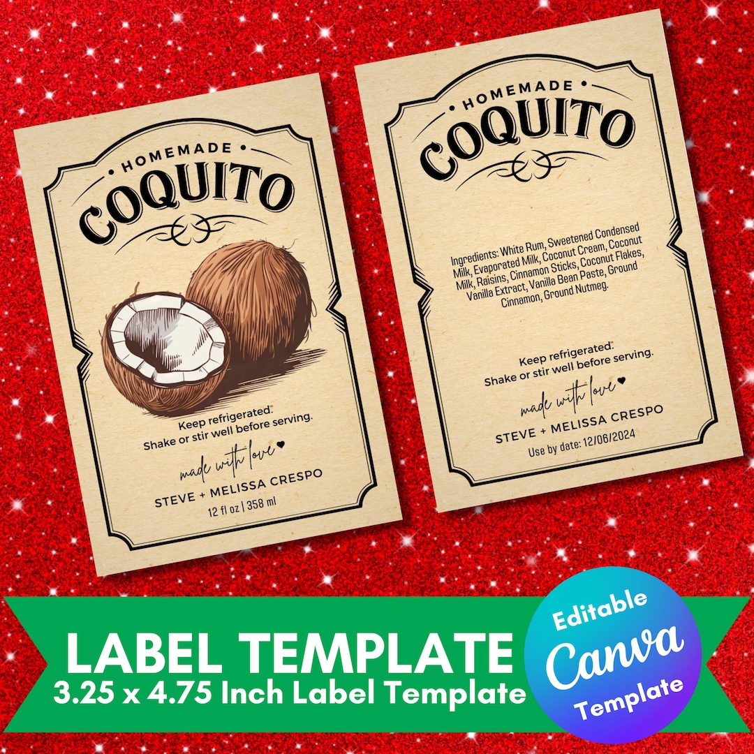Coquito Bottle Label Template Customizable in Canva, Coquito Labels ...