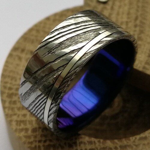 Custom Anodized Titanium and Damascus Steel Ring With Sterling - Etsy