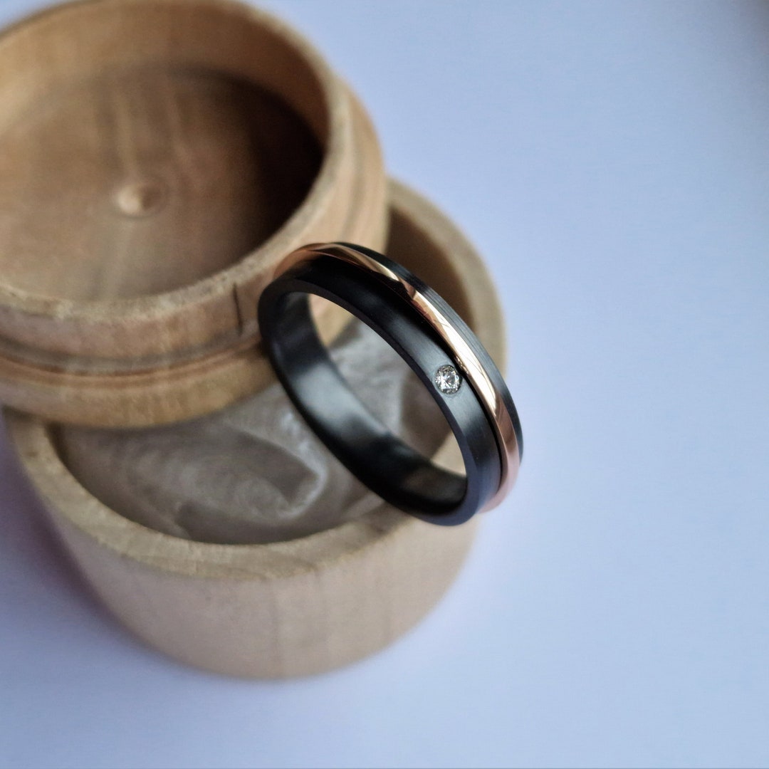 Black Zirconium and Solid Gold Spinner Ring-band With Flush Set Stone ...