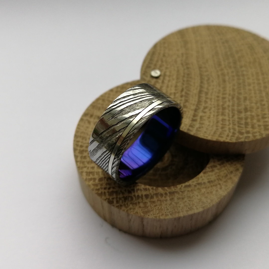 Custom Anodized Titanium and Damascus Steel Ring With Sterling Silver ...
