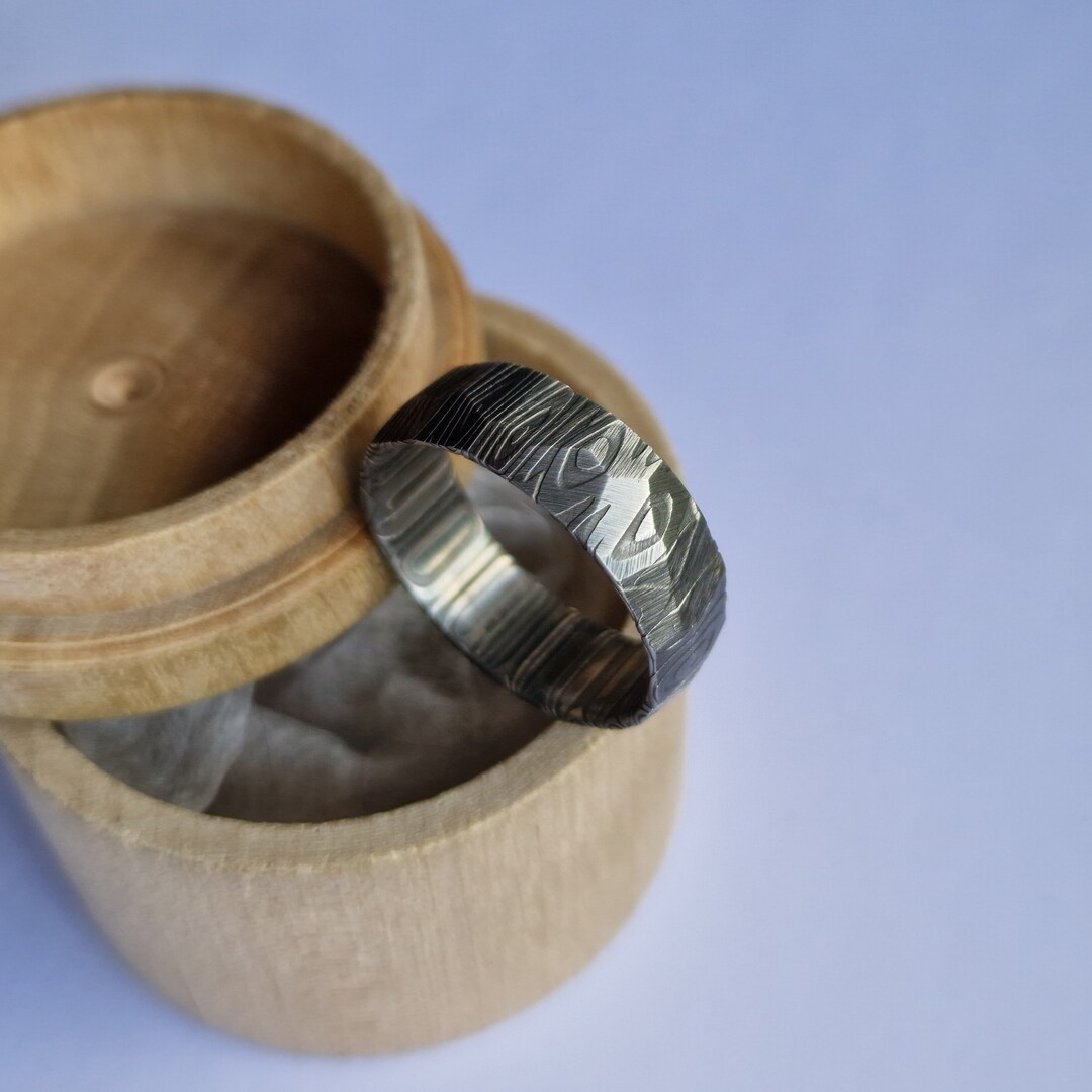 Faceted Damascus Steel Ring Band (stainless Steel Damascus). Brushed Finish. Handmade and ...
