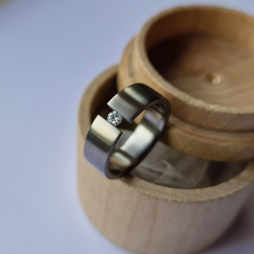 Titanium Tension Ring With Round Brilliant Cut Stone Setting. Brushed ...