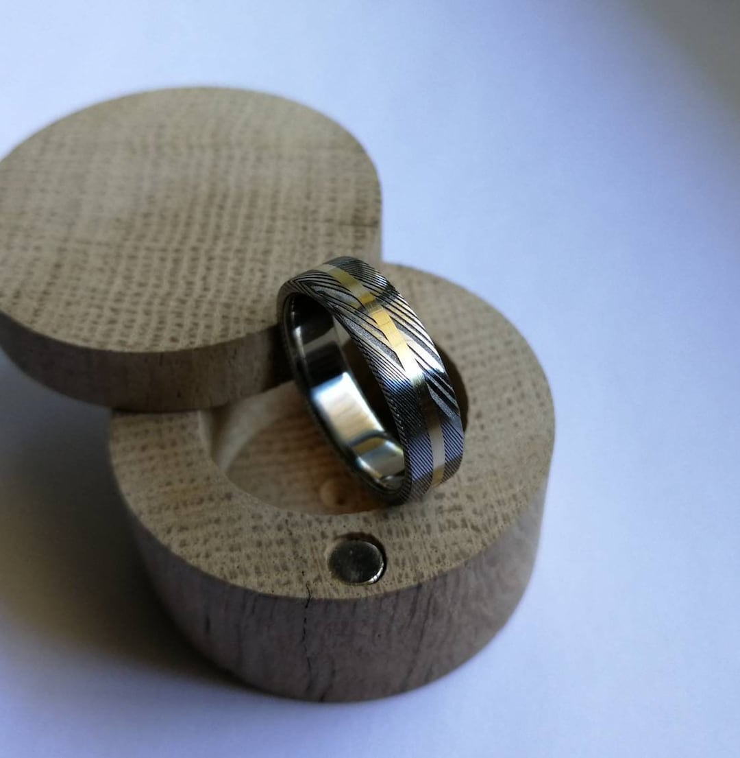 Stainless Damascus Steel Ring With Solid Gold Channel. Handmade and Customizable. - Etsy