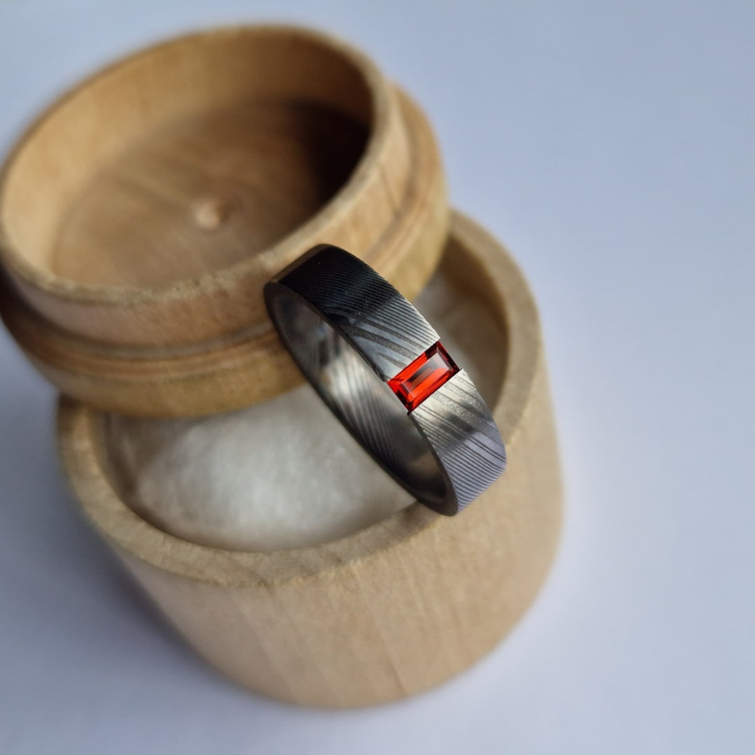 Stainless Damascus Steel Tension Ring With Diamond Cut Stone Setting ...