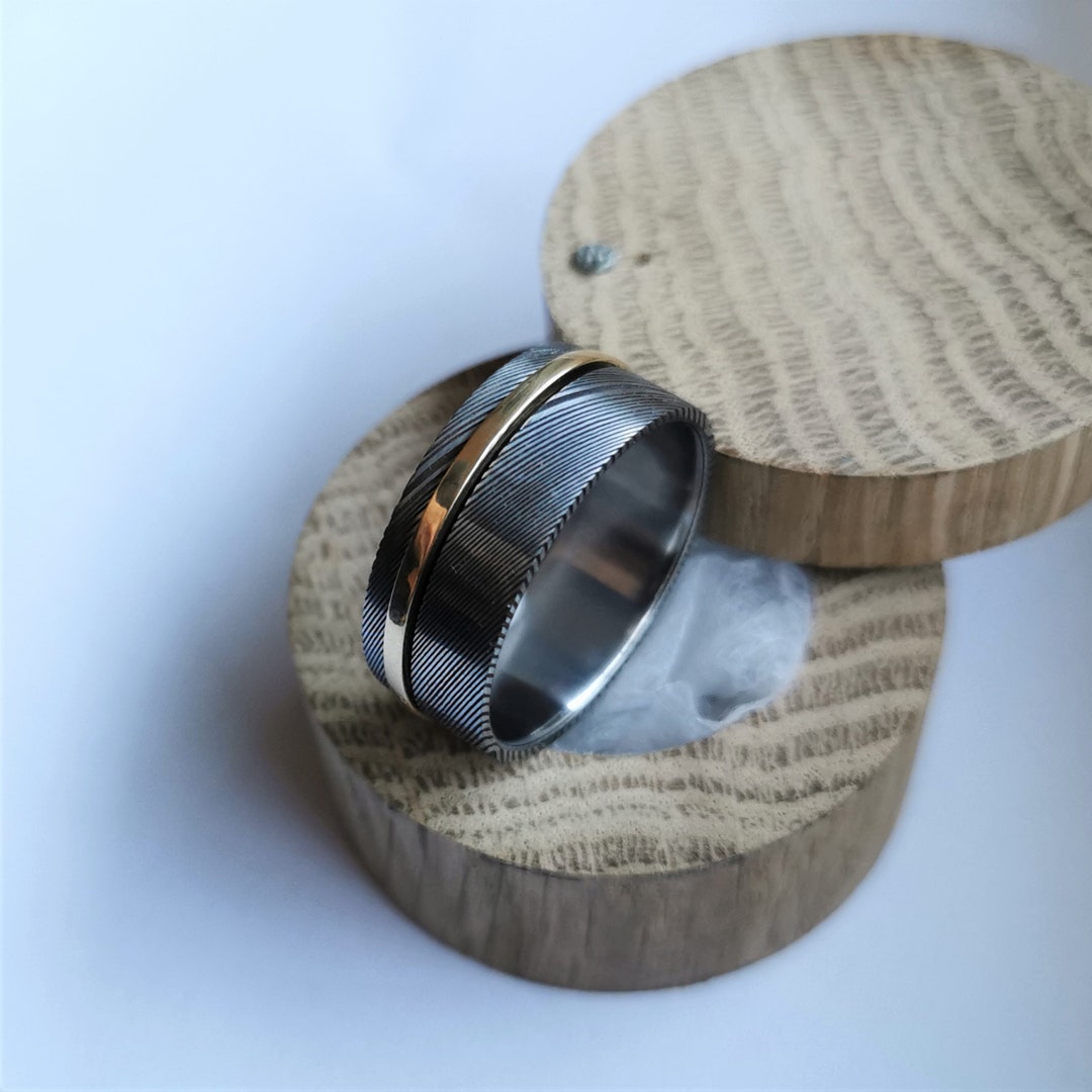 Stainless Damascus Steel, Solid Gold and Titanium Spinner Ring ...