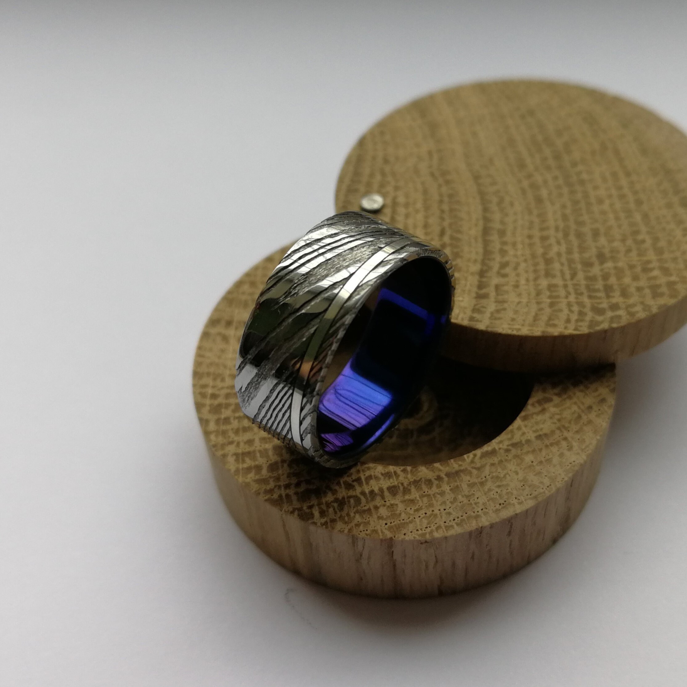 Custom Anodized Titanium and Damascus Steel Ring With Sterling Silver ...