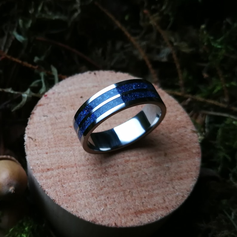 Unique Handmade Titanium Ring With Double Lapis Lazuli Inlay. - Etsy