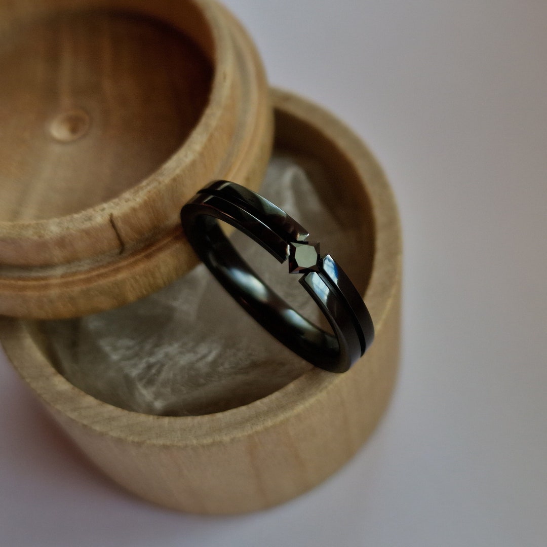 Black Zirconium Tension Ring With Princess Cut Stone Setting. Handmade ...