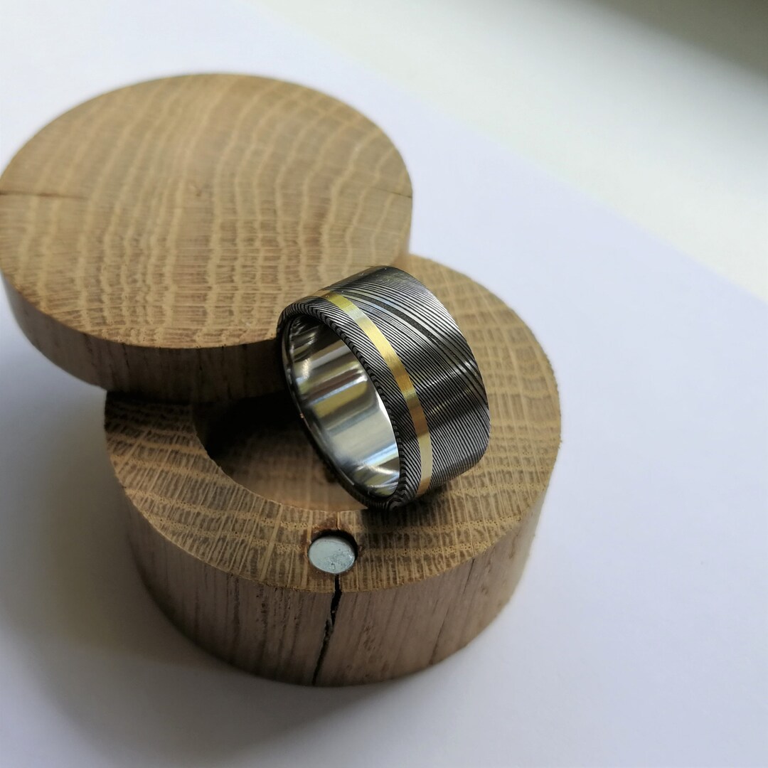 Stainless Damascus Steel Ring With Solid Gold Channel and Titanium Lining. Handmade and ...