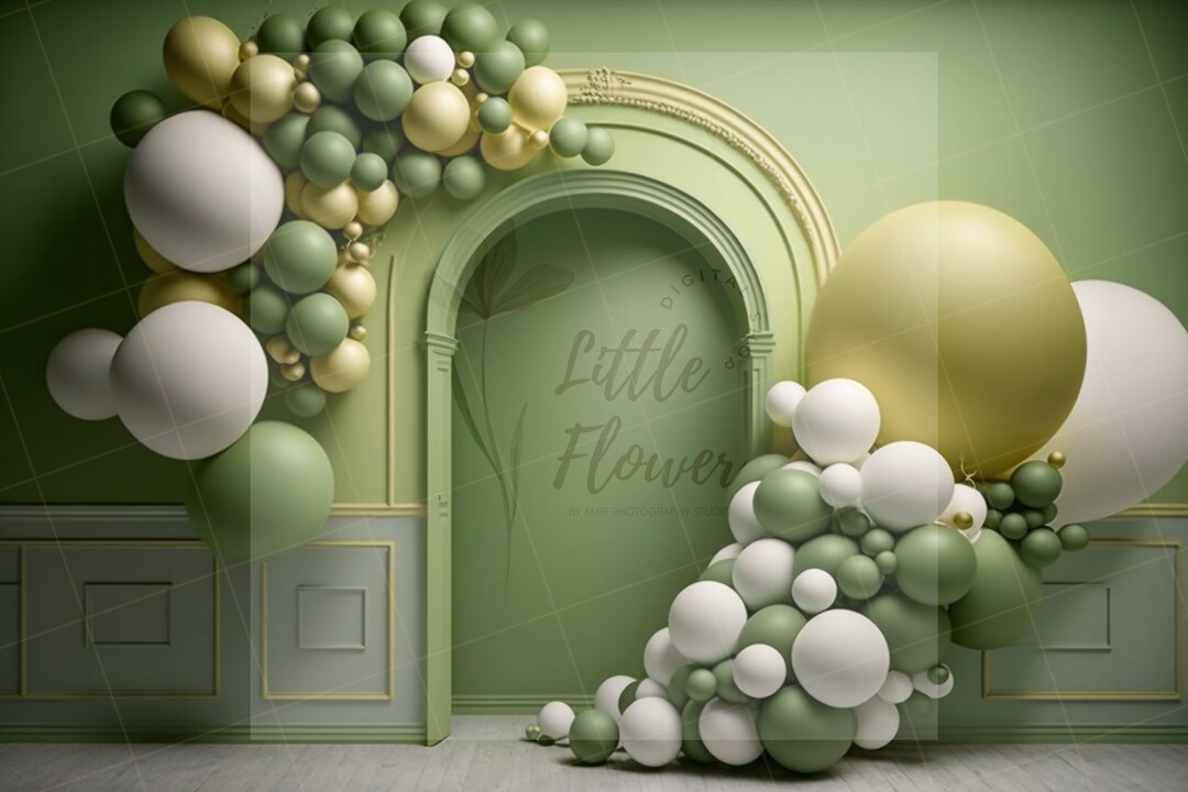 Olive Green Balloon Garland Digital AI Backdrop Pack Baby Portrait ...