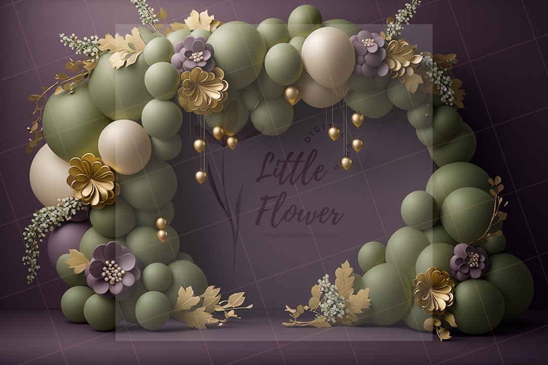 Olive Green Purple Balloon Garland Digital AI Backdrop Pack Baby ...