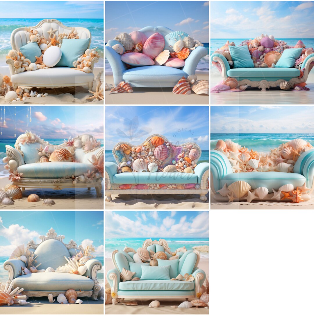 8 BLUE SOFA on Beach Digital Backdrops Maternity Backdrop Overlays ...