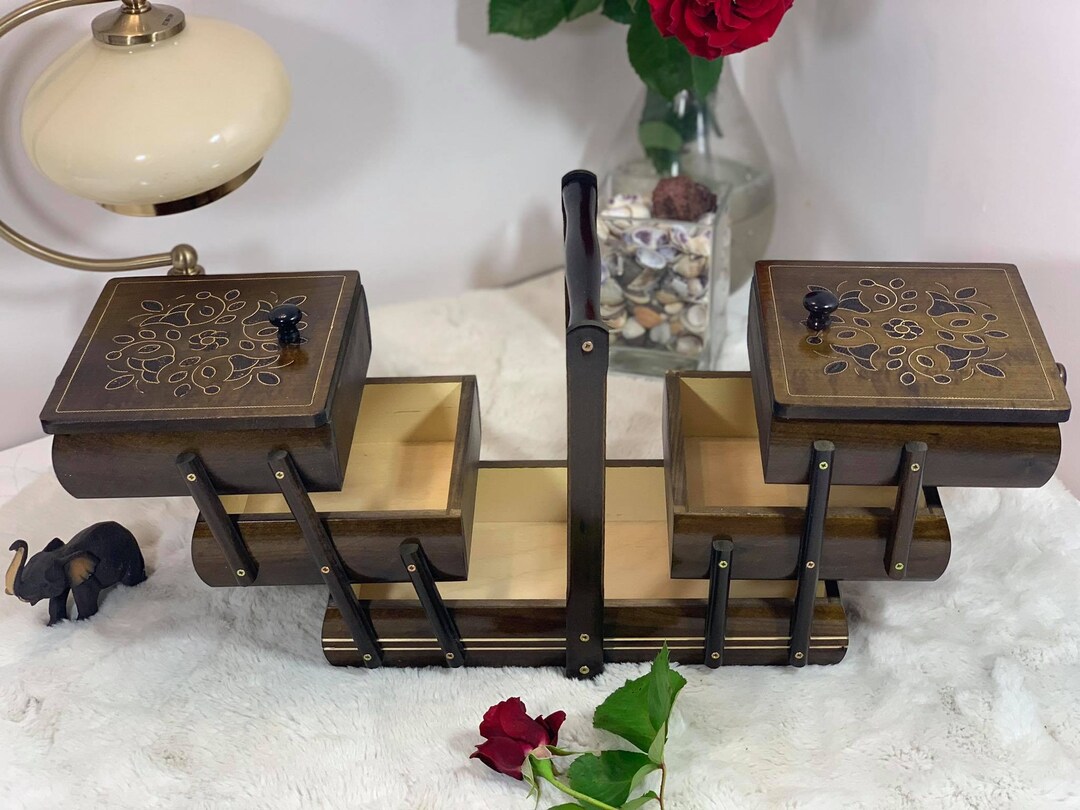 Large Wooden Dark Brown Fold Out Box for Sewing Kit or Jewelry, Wood ...