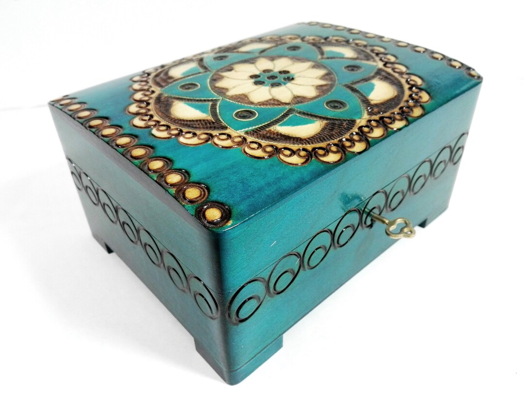 Exclusive 18x14x9 Cm Blue Wooden Jewelry Box Reachly Decorated Carved ...