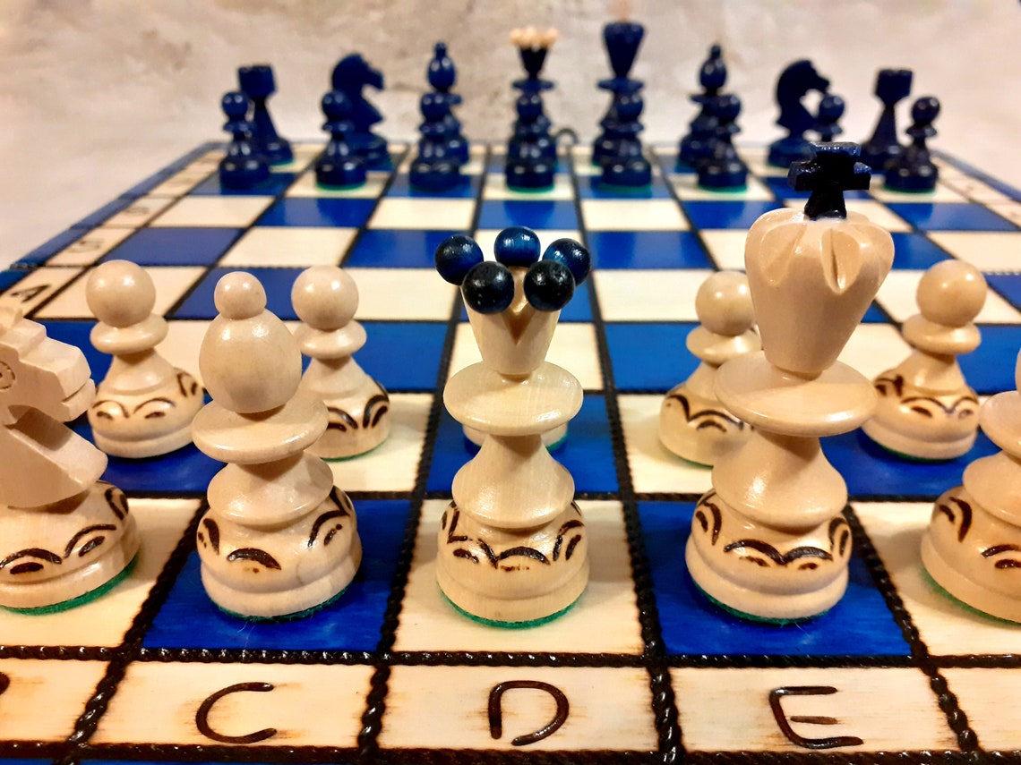 Medium 34 Cm Blue New Hand Crafted Wooden Chess Set, Blue Wooden Chess ...