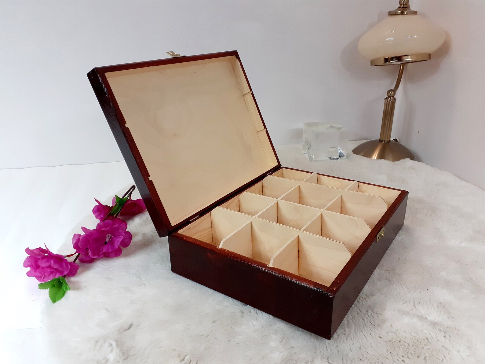 Wooden Lockable Tea Bag Box With Twelve Compartments in Brown Color ...