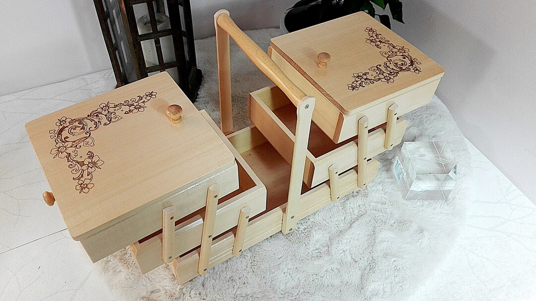 Large Wooden Natural Box for Sewing Kit, Wood Carved With Ornament ...