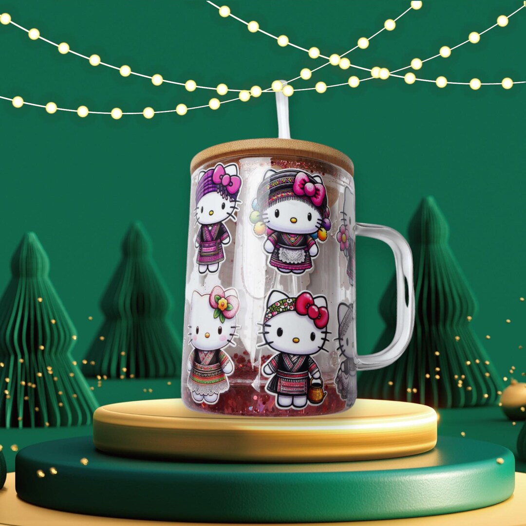 Hmong Design Hello Kitty Cute Glitter Globe Tumbler Glass Coffee Mug ...