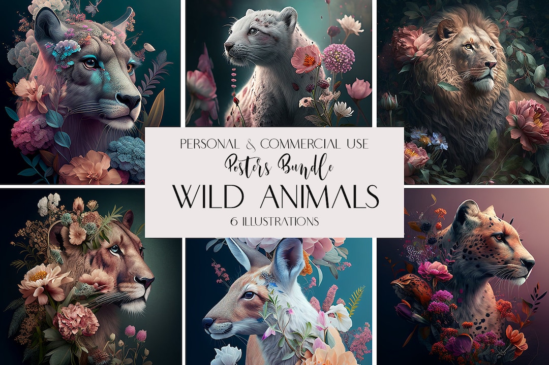 6 Digital Poster, Wild Animals in Flowers, Safari Print, Wild Safari ...