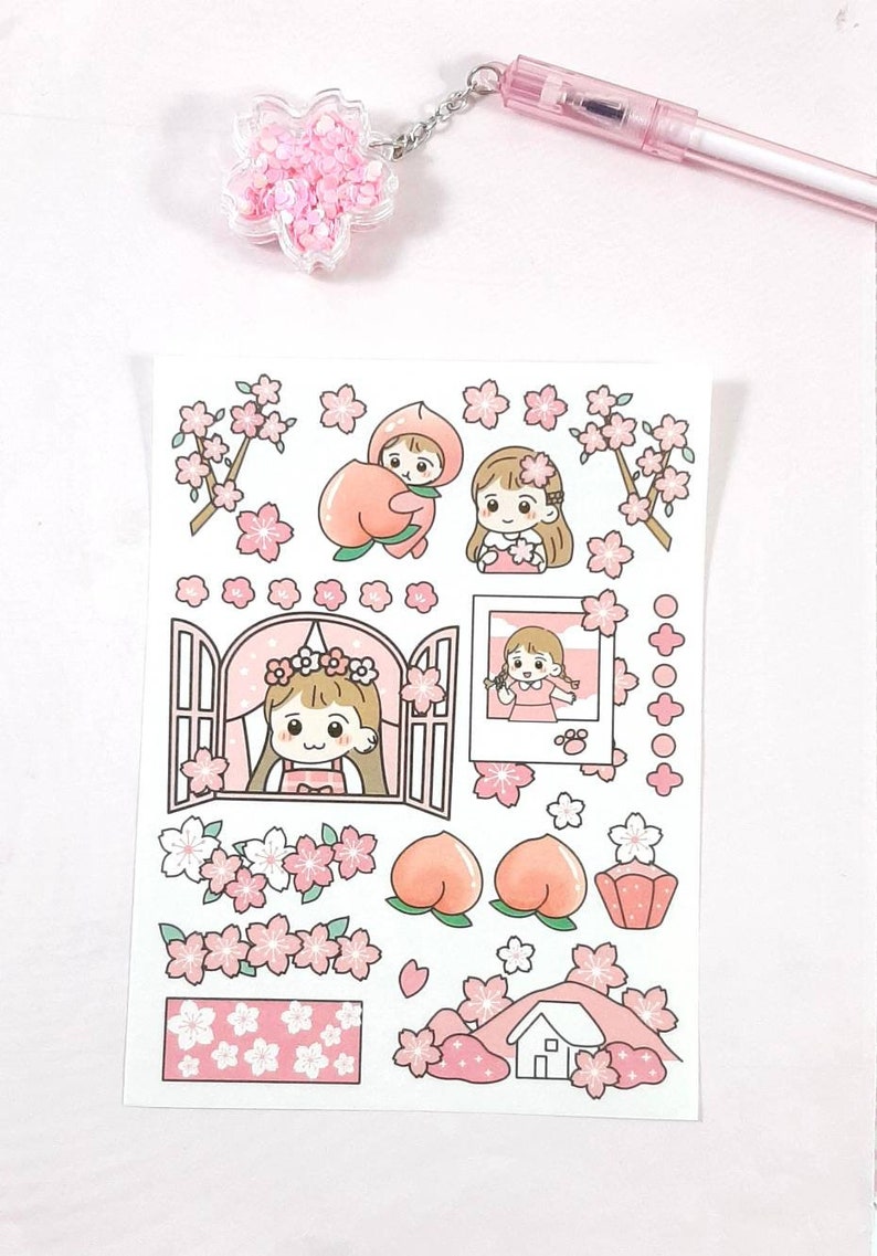 Kawaii Sakura Sticker Set Cute Pink Blossom Stickers Journal - Etsy
