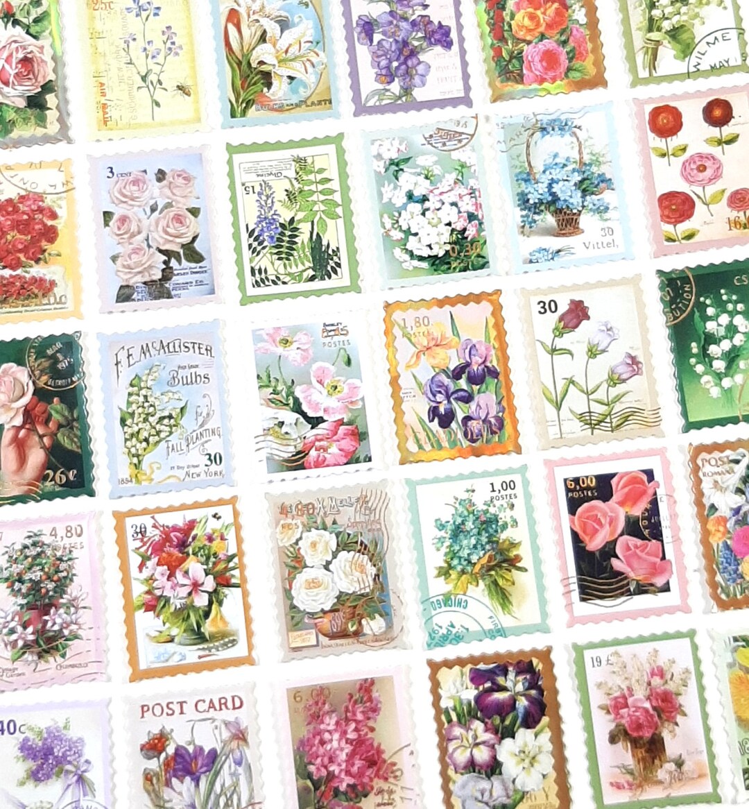 Floral Stamp Stickers, Vintage Style Flower Stickers for Journals ...