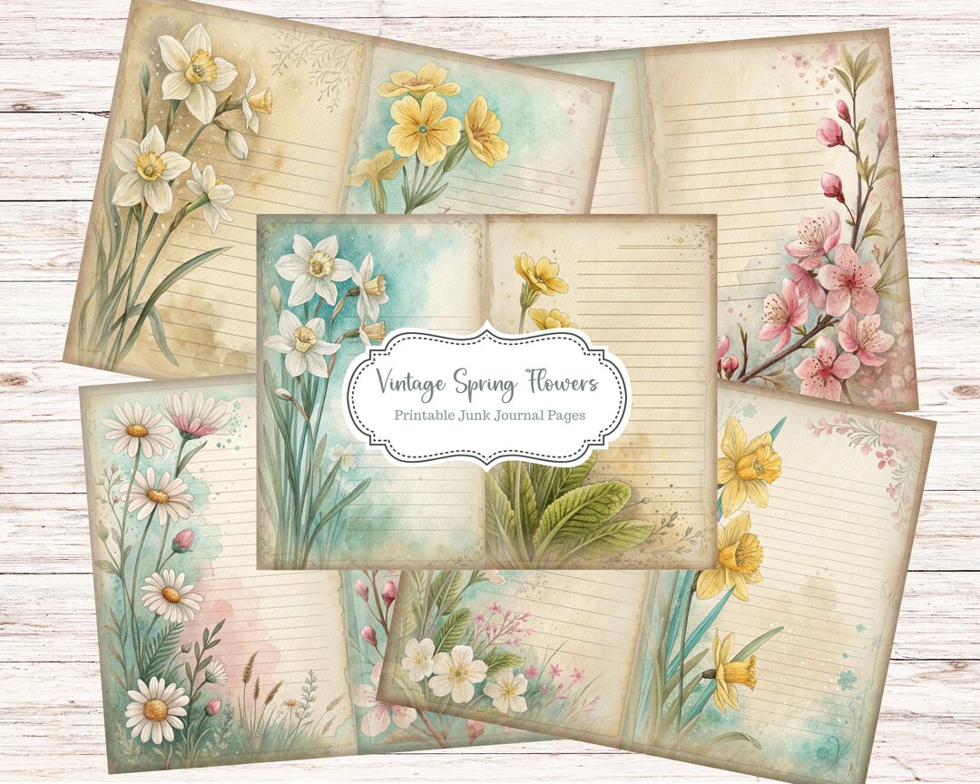 Vintage Floral Junk Journal Pages, Spring Flowers Blank Lined Journal ...