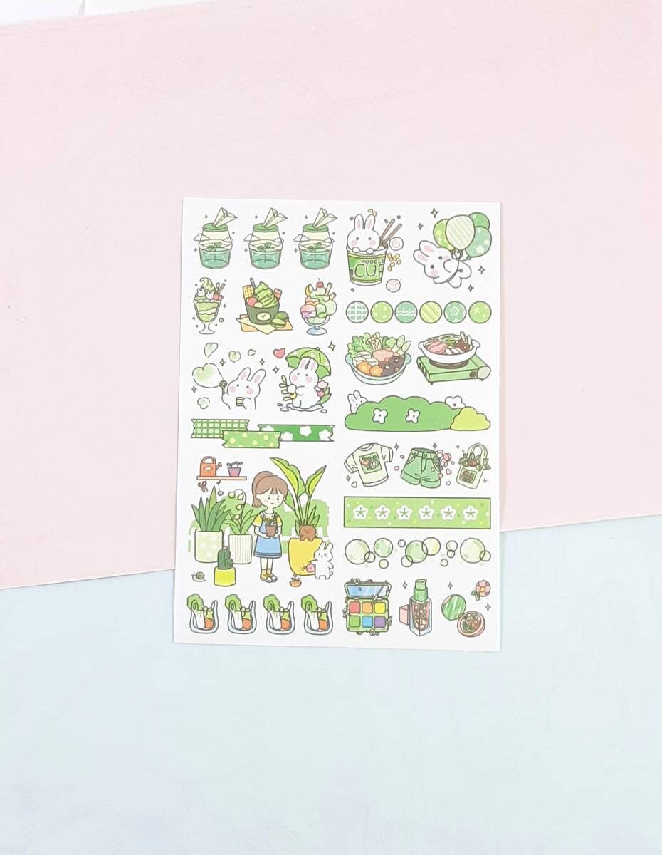 Green Themed Kawaii Washi Sticker Set Cute Sticker Set | Etsy